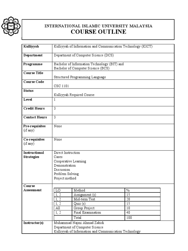 Ccs1101 Structured Programming Language Using CPP Course Outline ...