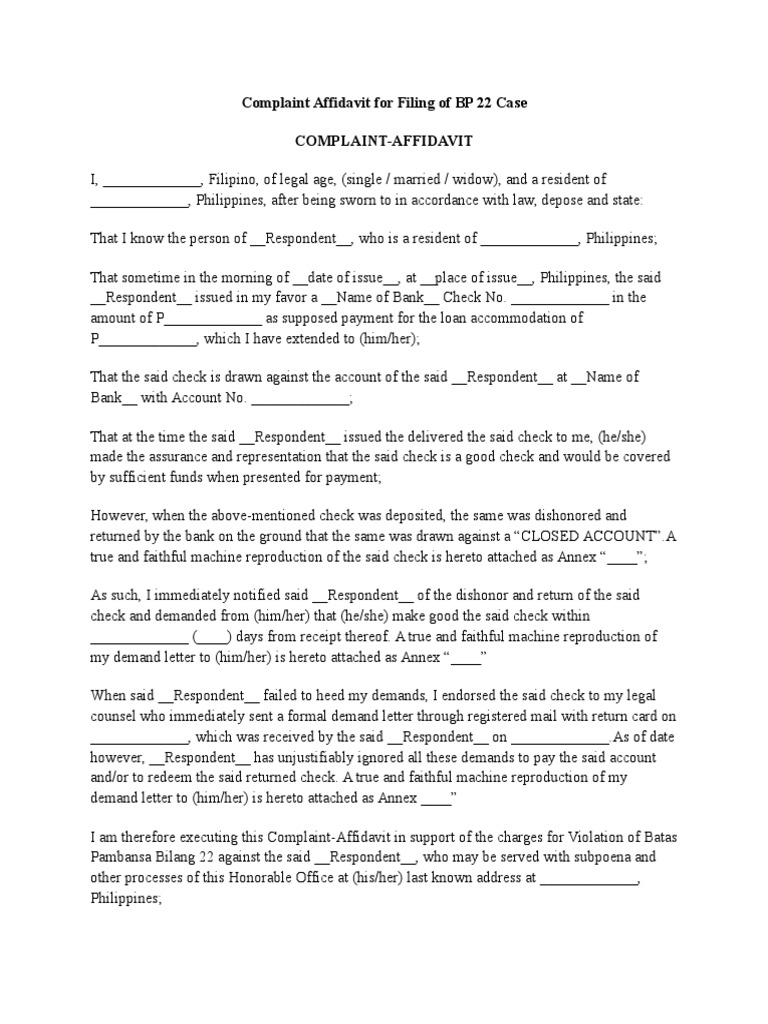 Complaint Affidavit for Filing of BP 22 Case | Cheque | Government