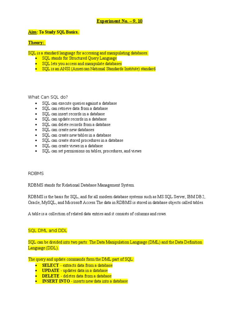 Experiment No. - 9, 10 Aim Theory::: To Study SQL Basics | PDF | Sql ...