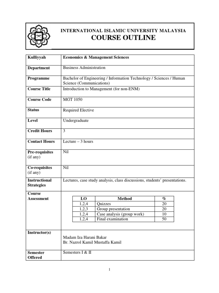 MGT 1050 Course Outline | PDF | Organizational Structure | Strategic ...