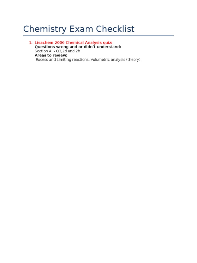 Chemistry Exam Checklist: 1. Lisachem 2006 Chemical Analysis Quiz | PDF