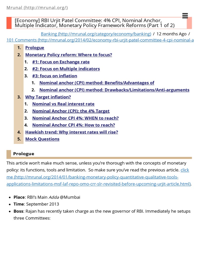Explained - Urjit Patel Committee On Monetary Policy Reform | PDF ...