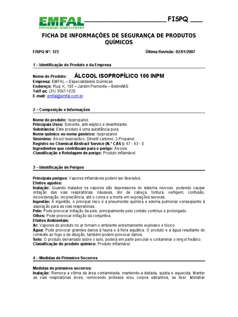 FISPQ Alcool Isopropilico | PDF | Embalagem e rotulagem | Primeiros socorros