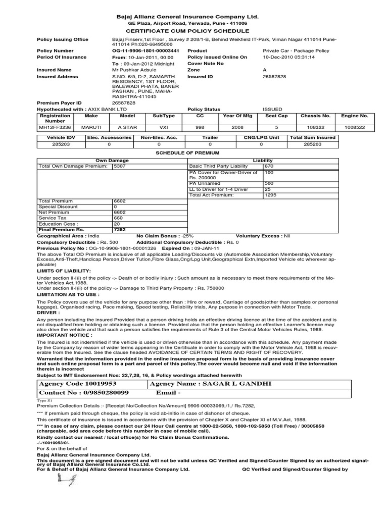 Car Insurance Policy | PDF | Vehicle Insurance | Insurance
