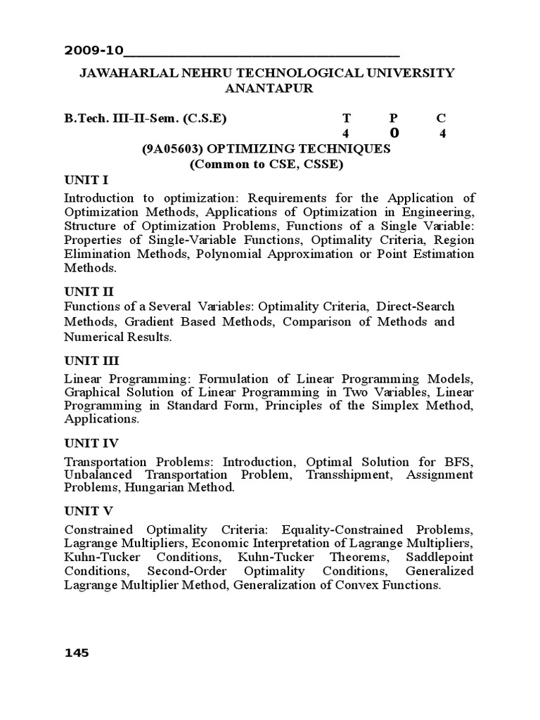 Optimizing Techniques: A Course Syllabus Covering Linear Programming, Transportation Problems ...