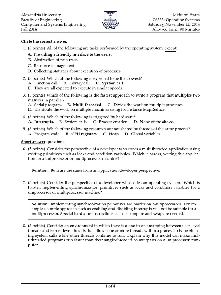 OS Midterm Solution | PDF | Thread (Computing) | Computing Infrastructure OS Midterm Solution | PDF | Thread (Computing) | Computing Infrastructure