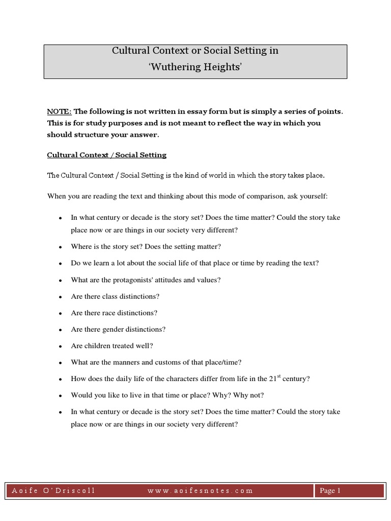 Wuthering Heights: Social Class & Setting | PDF | Heathcliff (Wuthering ...