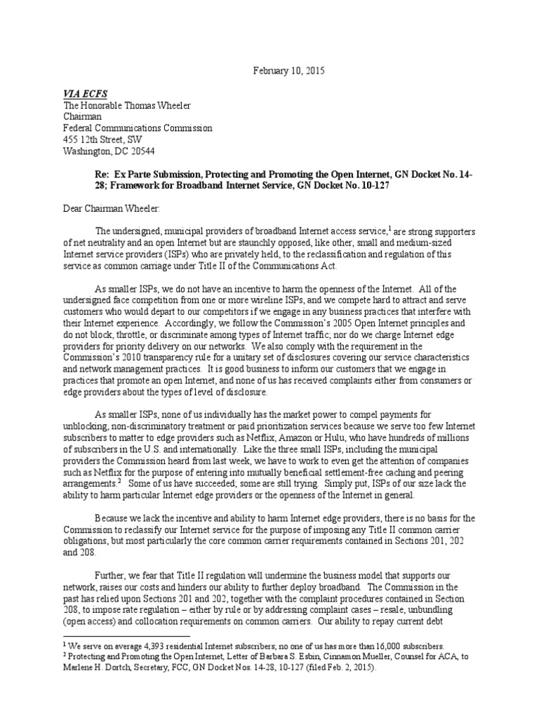 Municipal Letter To FCC On Title II Forbearance | PDF | Internet ...