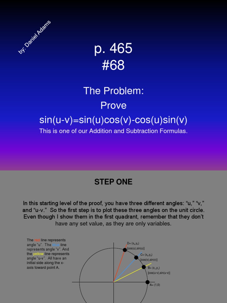 The Problem: Prove Sin (U-V) Sin (U) Cos (V) - Cos (U) Sin (V) | PDF ...
