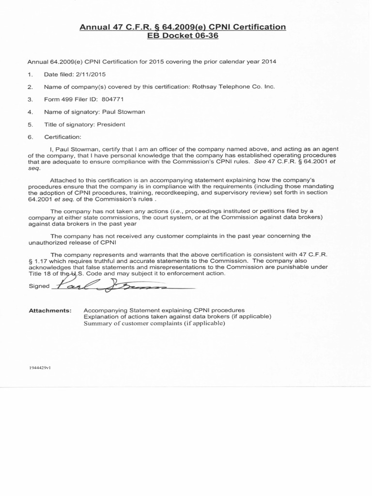 Annual 47 CFR CPNI Certification For 2014 PDF | PDF | Records ...
