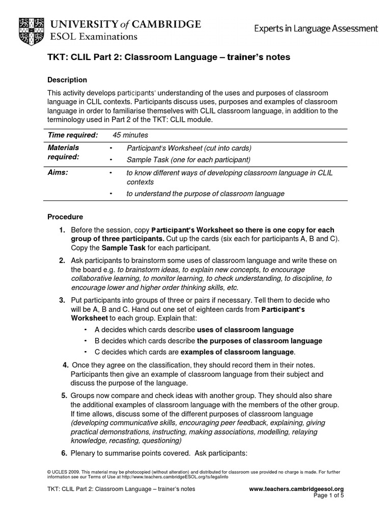 TKT Clil Part 2 Classroom Language PDF | PDF | Classroom | Brainstorming