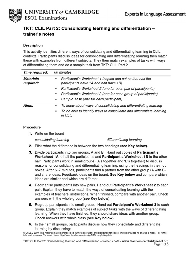 TKT Clil Part 2 Consolidating and Differentiating PDF | PDF | Worksheet | Educational Technology