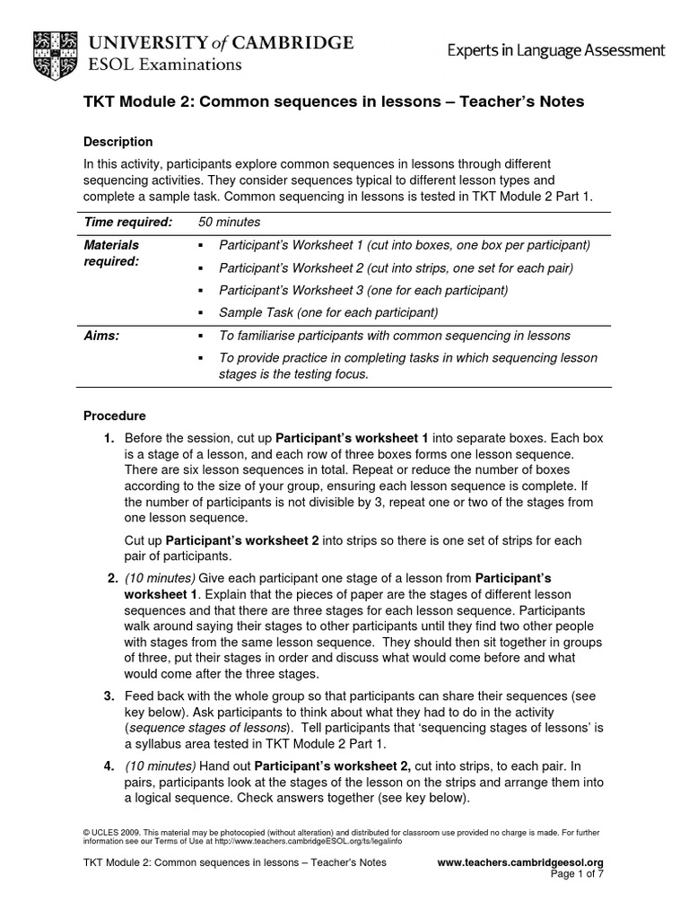 TKT Module 2 Common Sequences in Lessons PDF | PDF | Classroom | Reading (Process)