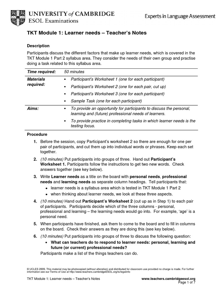 TKT Module 1 Learner Needs PDF | PDF | Learning Styles | Classroom