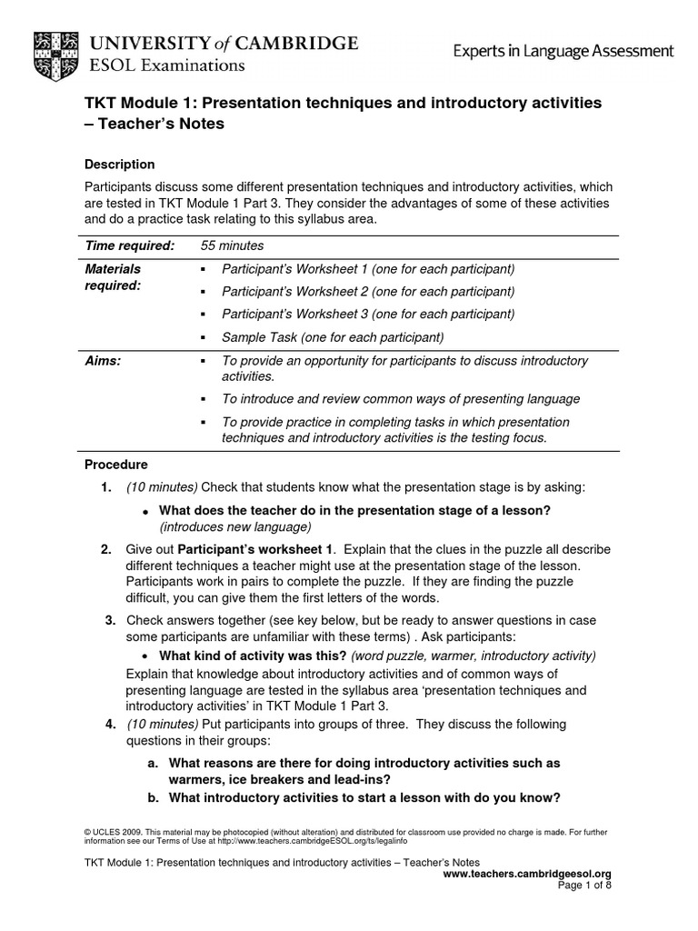 TKT Module 1 Presentation Techniques and Introductory Activities PDF ...