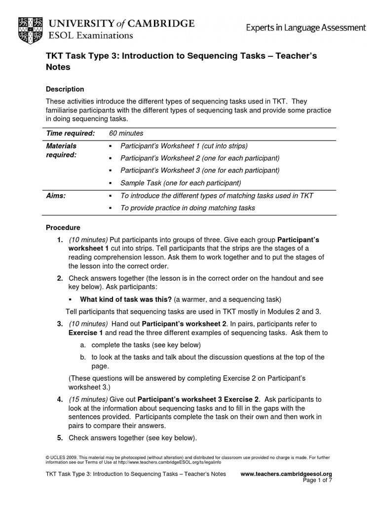 TKT Module 1 Task Type 3 Introduction To Sequencing Tasks PDF | PDF | Reading Comprehension ...