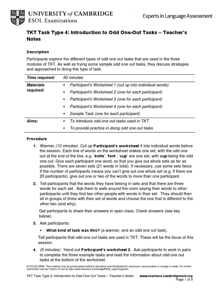 TKT Module 1 Task Type 4 Introduction To Odd One Out Tasks PDF | PDF ...