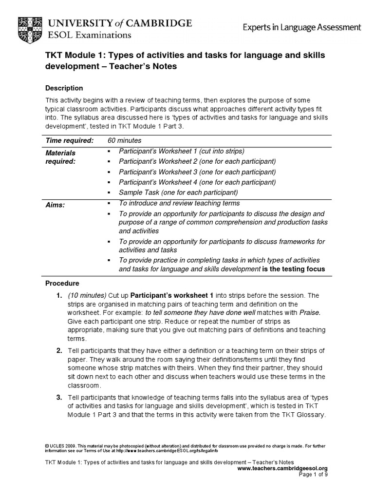 TKT Module 1 Types of Activities and Tasks For Language and Skills Development PDF | PDF