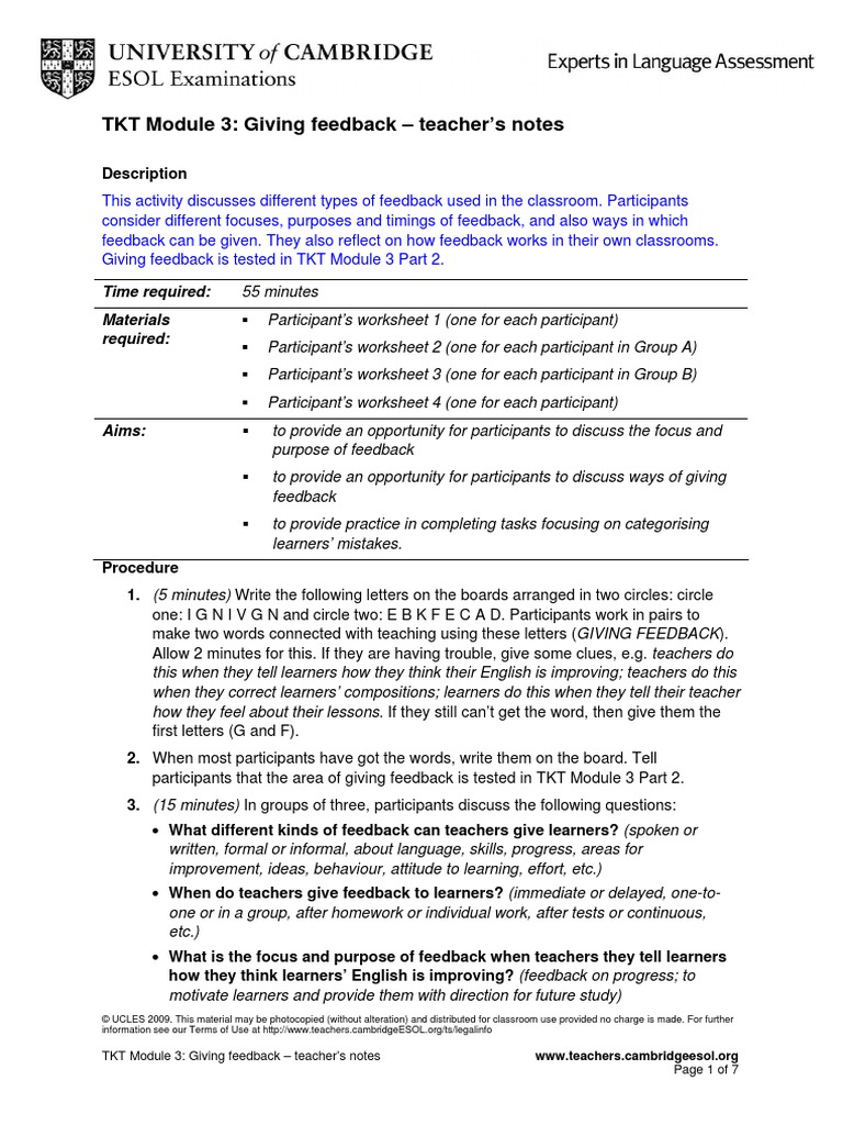 TKT Module 3 Giving Feedback PDF | PDF | Classroom | Teachers