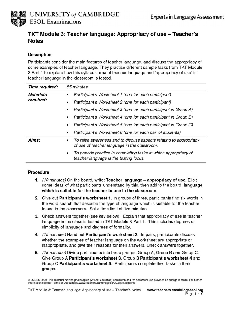 TKT Module 3 Teacher Language Appropriacy of Use PDF | PDF | Classroom ...