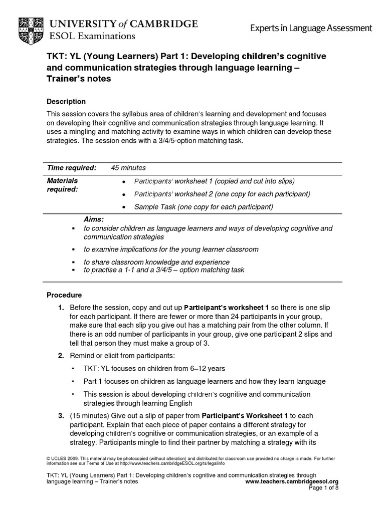 TKT Yl Young Learners Part 1 Developing Children S Cognitive and Communication Strategies ...