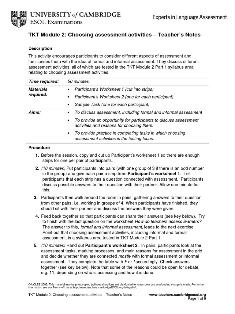 TKT Module 2 Choosing Assessment Activities | Educational Assessment ...