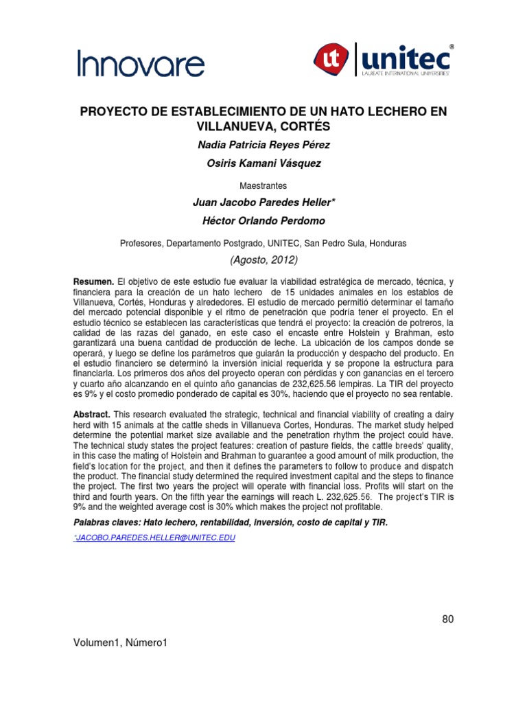 Proyecto de Establecimiento de Un Hato Lechero en | PDF | Leche | Valor presente neto