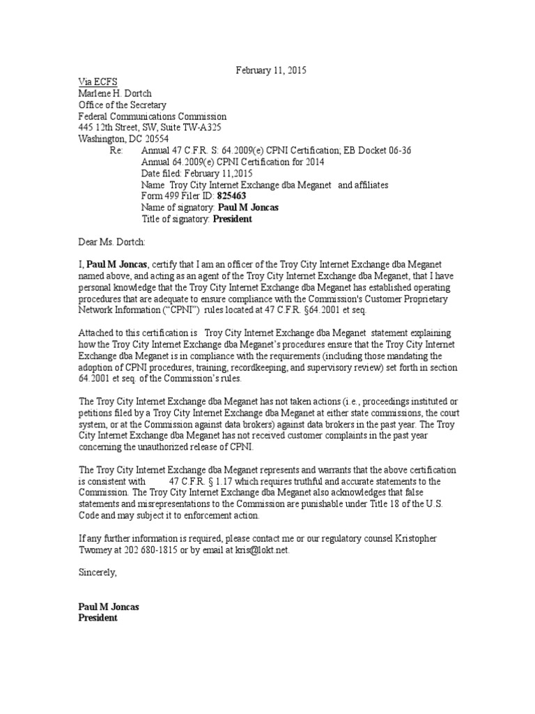 2015 CPNI Compliance Statement MegaNet | PDF | Federal Communications ...