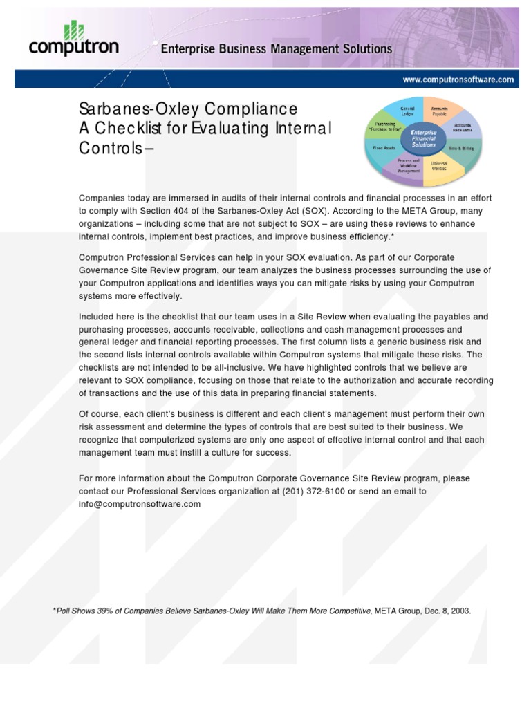 Sox Internal Controls Checklist | PDF | Accounts Payable | Voucher