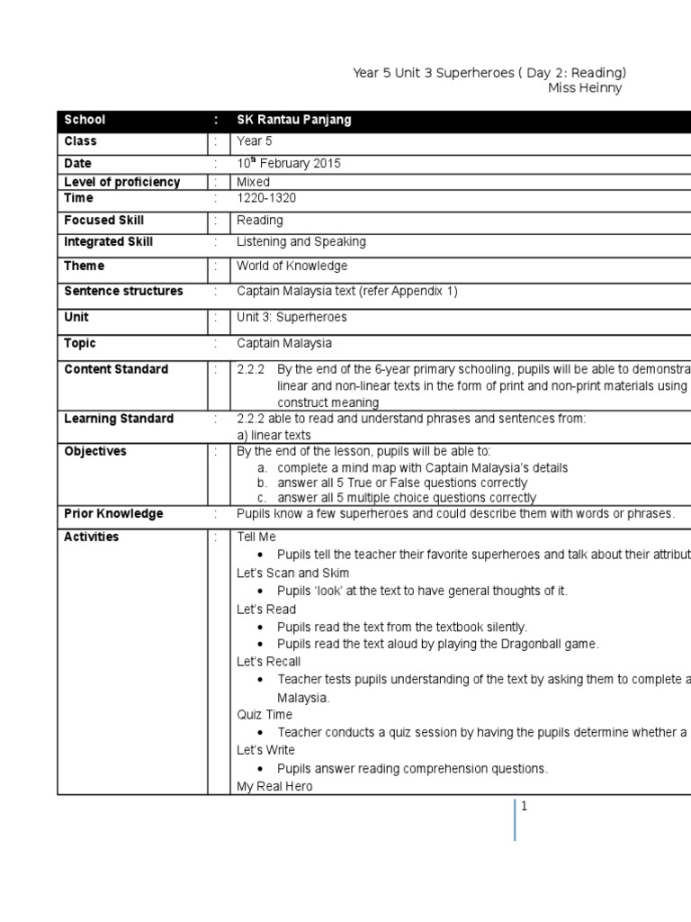 Exploring Captain Malaysia and Heroes | PDF | Lesson Plan | Reading ...