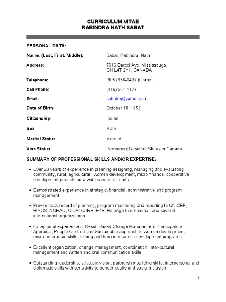 RabindraSabat CV Scribd | PDF | International Development | Employment