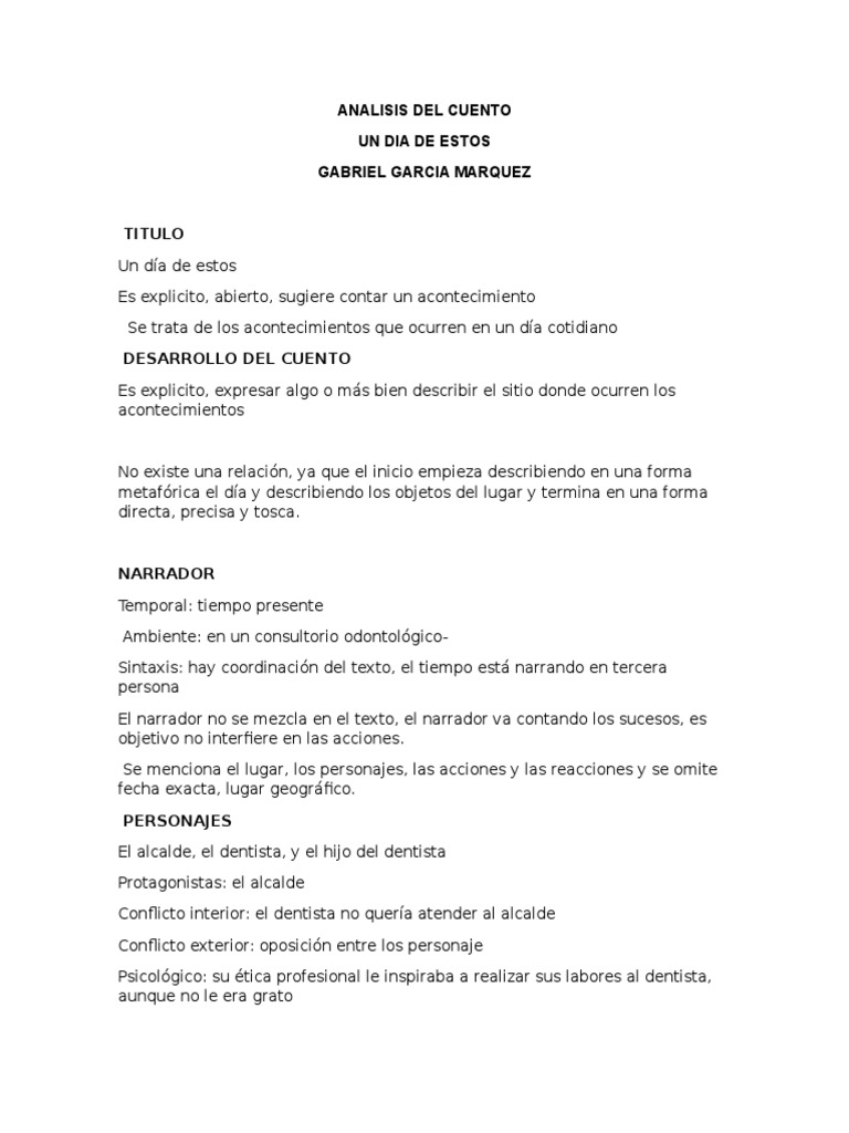 Análisis del cuento "Un día de estos" | PDF | Gabriel García Márquez