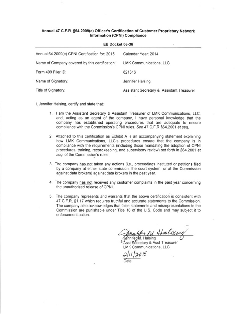 FCC CPNI Certification and Procedures Signed 02112015 PDF | PDF ...