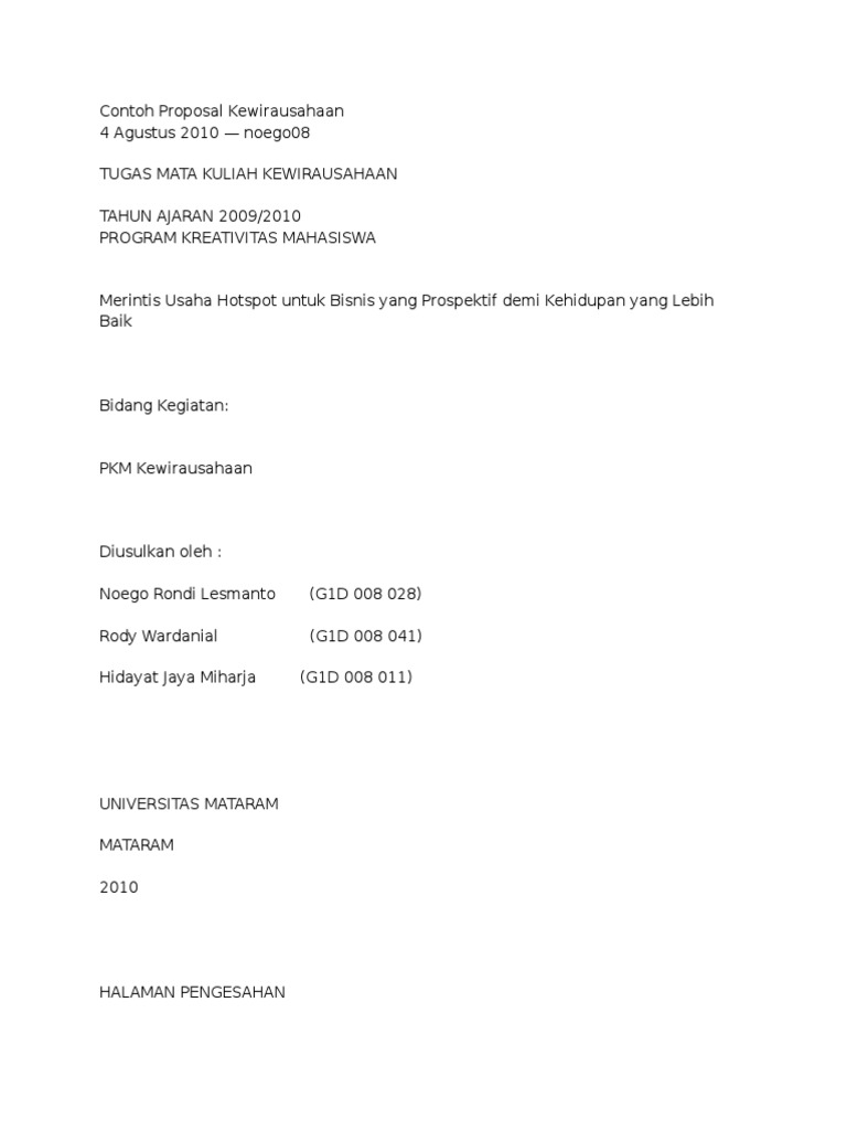 Contoh Proposal Kewirausahaan Hotspot | PDF