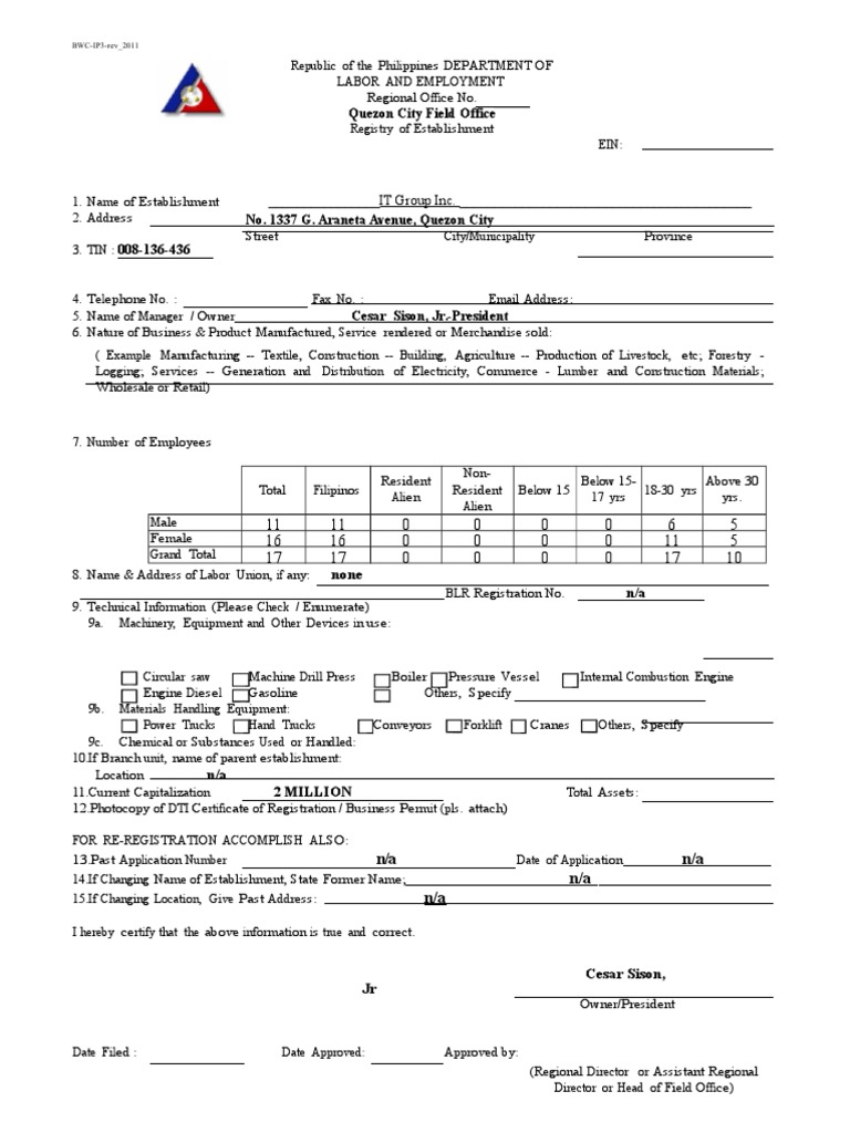 Registry Of Establishment Dole Form Fill Online, Printable,, 60% OFF
