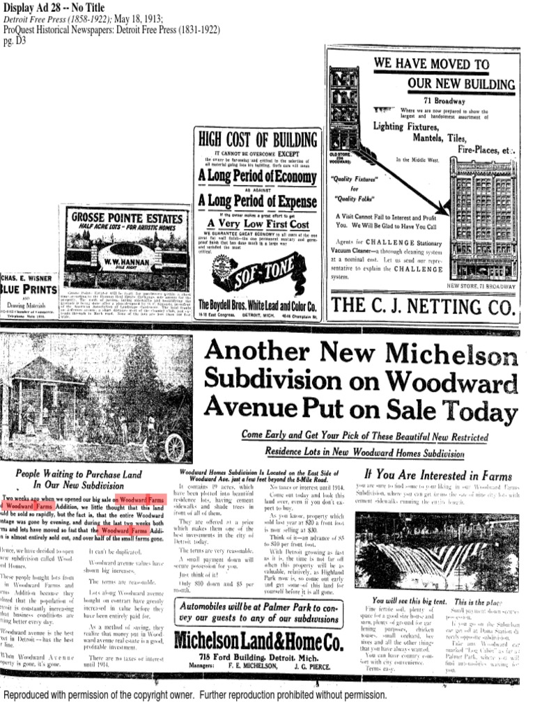 1913 05 18 Freep Archives Michelson Ad Woodward Farms PD3 Uofm Archives ...