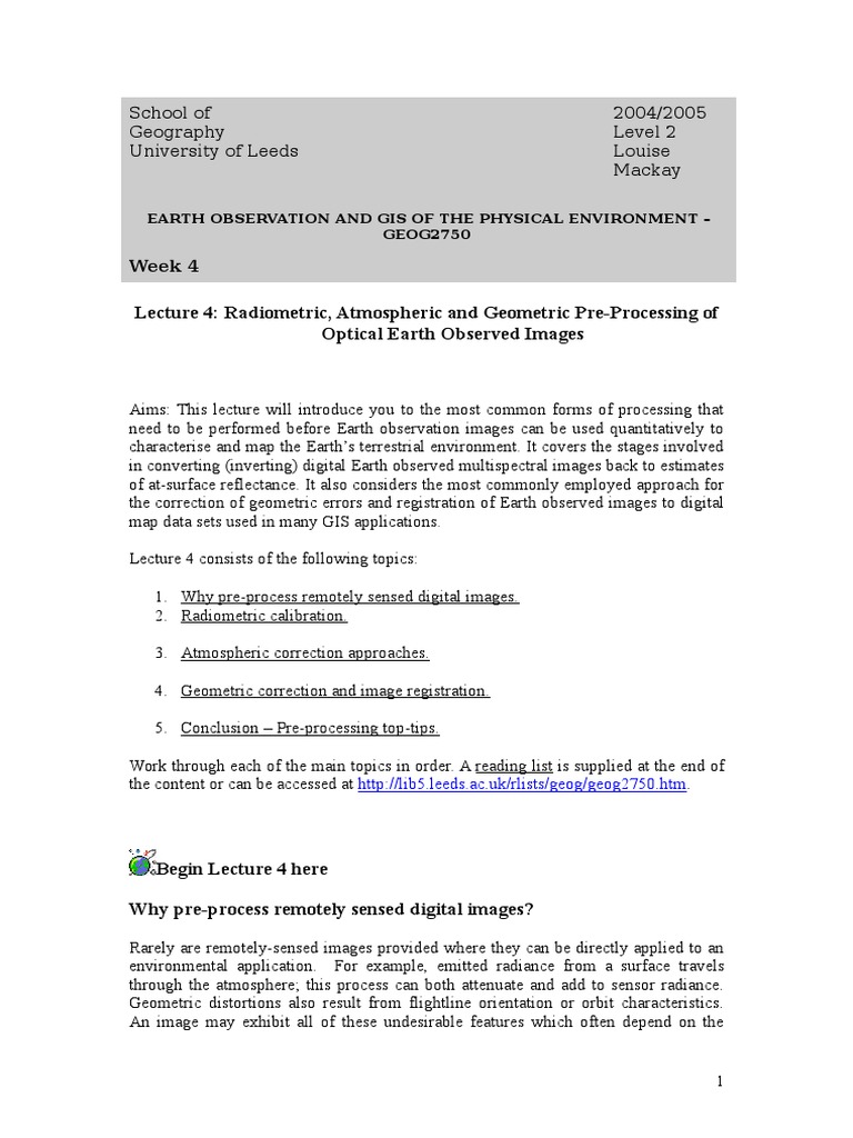 Radiometric Atmospheric And Geometric Preprocessing Optical Earth Observed Images Pdf