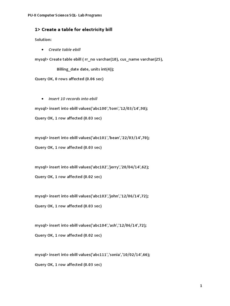 SQL Lab Programs: Electricity Bill & Student Database | PDF | Sql | Data Management Software