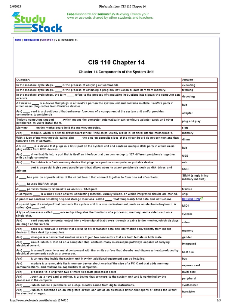CIS 110 Chapter 14: Chapter 14 Components of The System Unit | PDF ...
