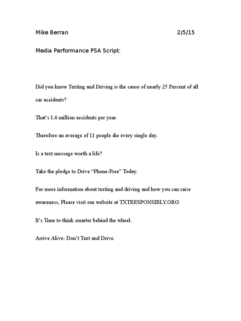 Texting and Driving PSA Script | PDF | Business | Social Science