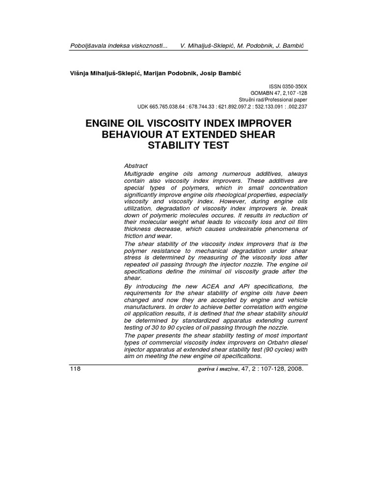 Engine Oil Viscosity Index Improver Behaviour at Extended Shear ...