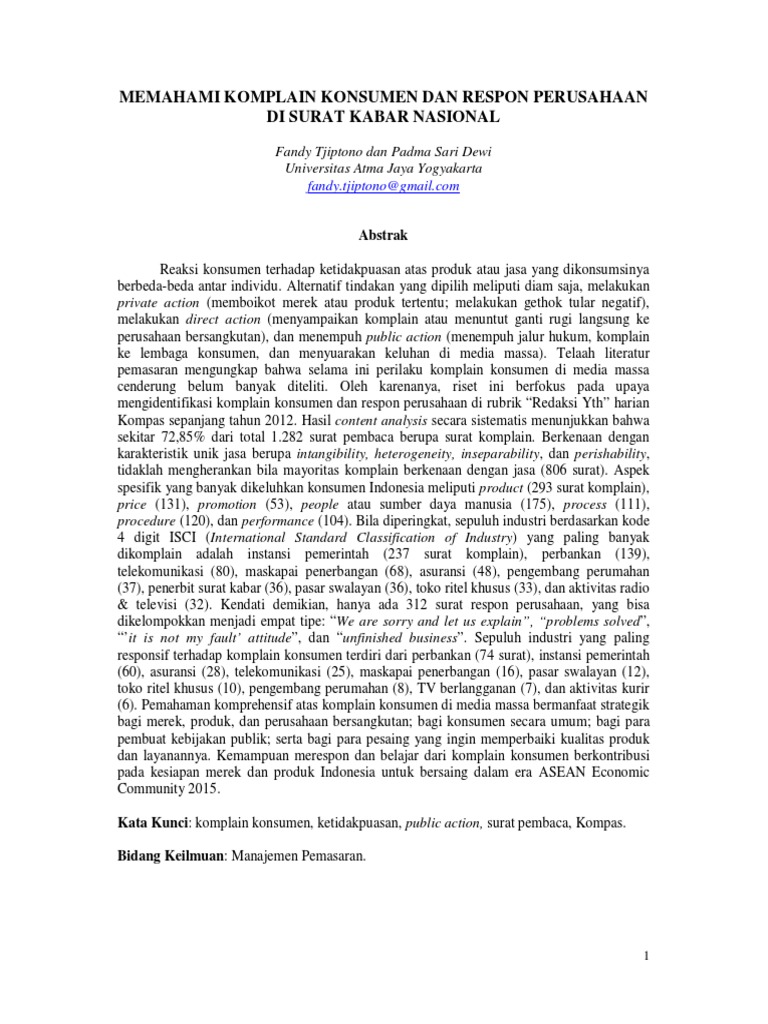 Memahami Komplain Konsumen Dan Respon Perusahaan Di Surat Kabar ...