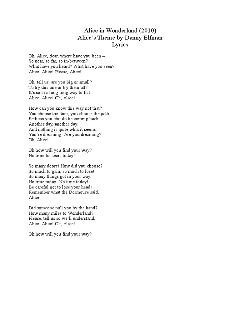 Alice's Theme by Danny Elfman LYRICS | PDF