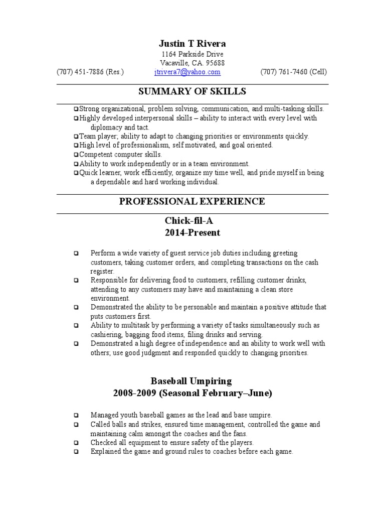 Justin Rivera's Chick-fil-A Resume | PDF