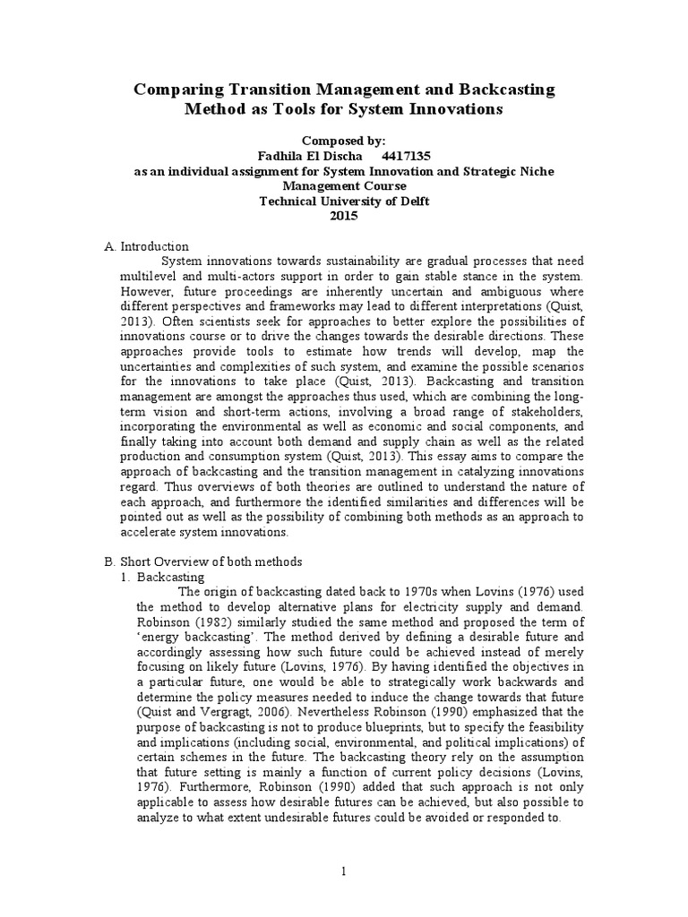 Comparing Transition Management and Backcasting As Tools For System ...