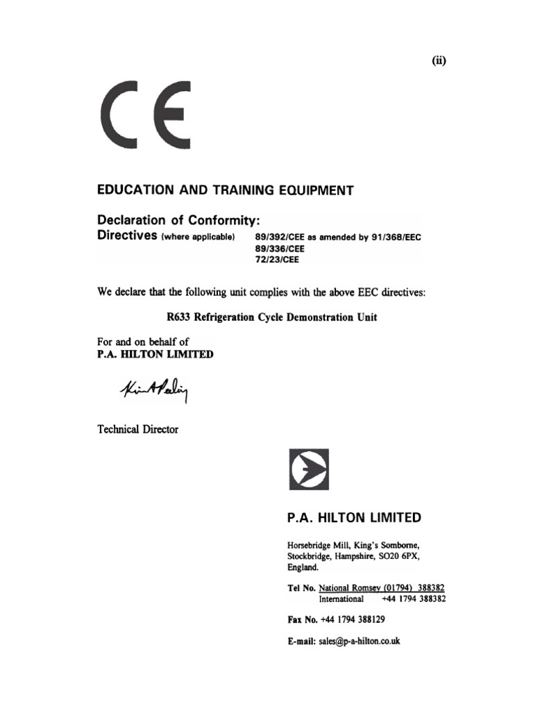 Education: And Training Equipment Declaration of Conformity: Directives