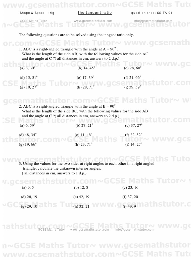 The Tangent Ratio Worksheet, Trigonometry revision from GCSE Maths ...
