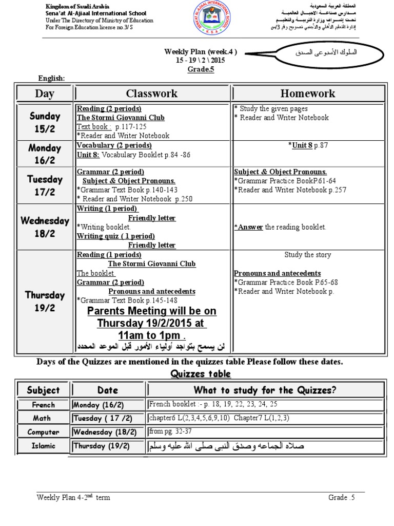 Grade 5 Weekly Plan Overview | PDF