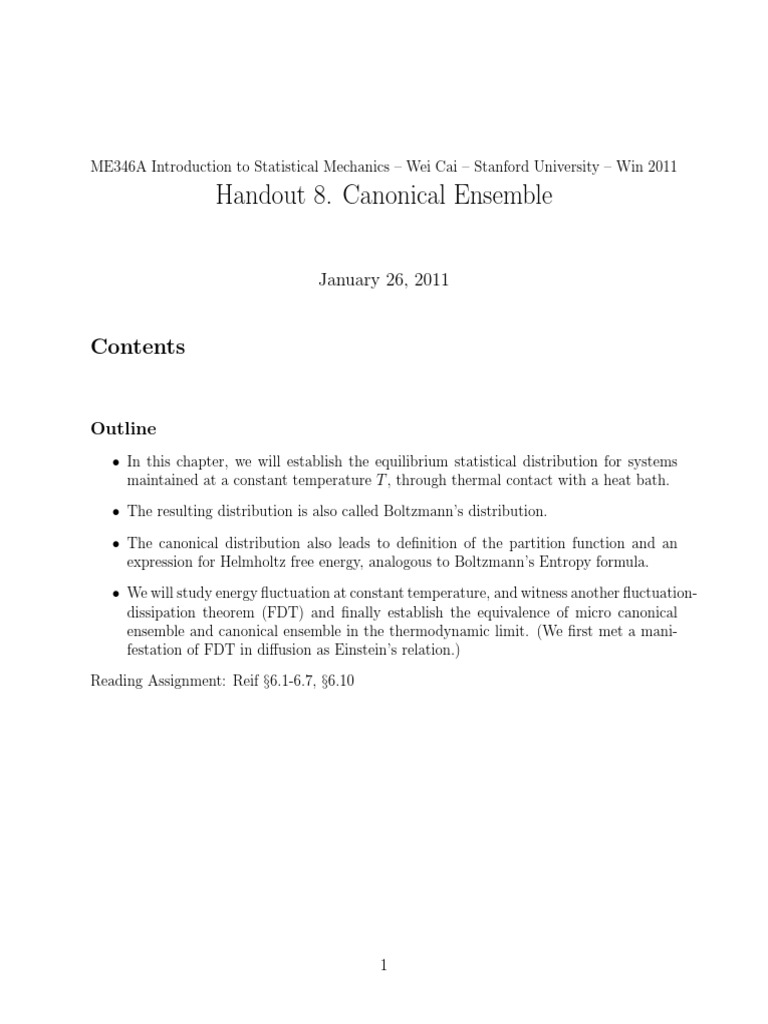 Canonical Ensemble | PDF | Temperature | Thermodynamic Equilibrium