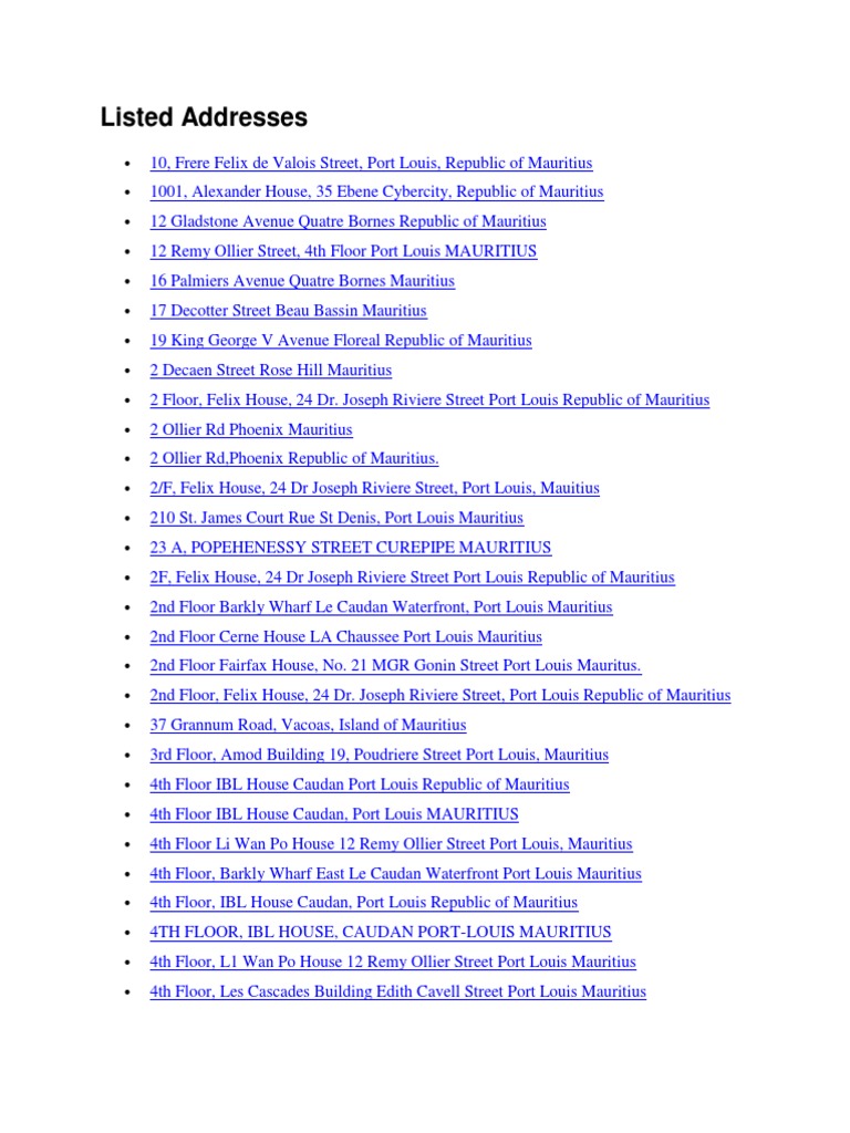 Listed Addresses | Mauritius